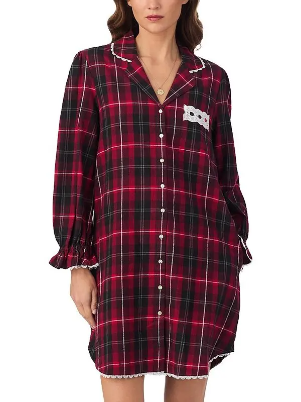 Eileen West Long Sleeve Cotton Flannel Notch Collar Nightshirt - Red/plaid