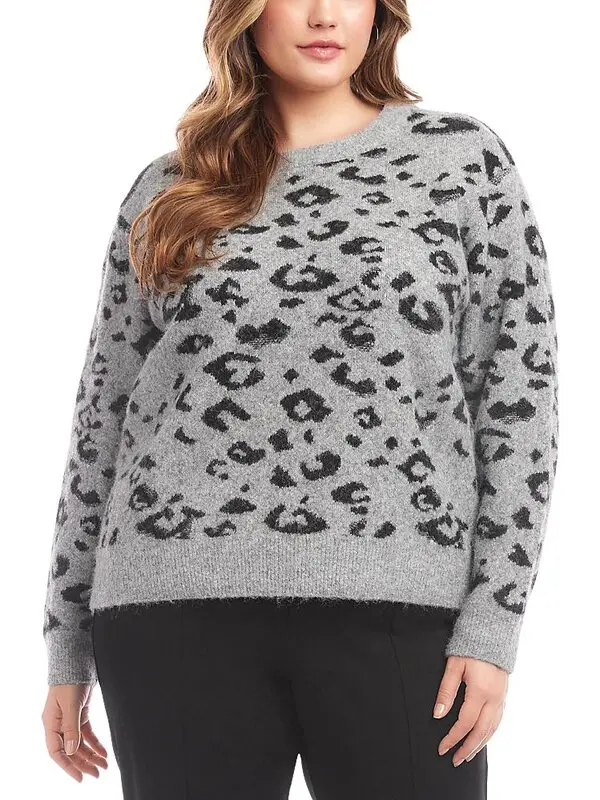 Karen Kane Metallic Animal Print Crewneck Sweater - Grey/ Black