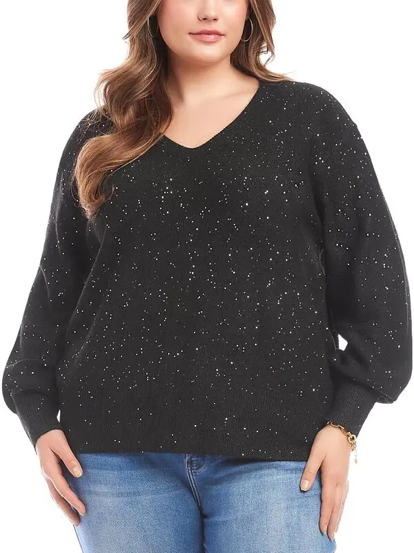 Karen Kane Sequin V-neck Sweater - Black
