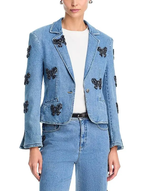 Cinq À Sept Rhinestone Bow Detail Denim Blazer - Blue Haze/sapphire