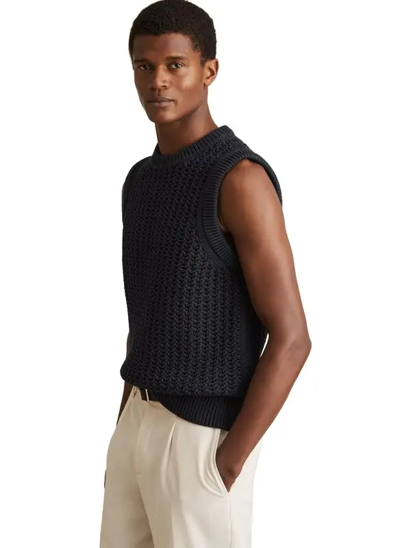REISS Bryant Cotton-blend Crochet Vest - Navy