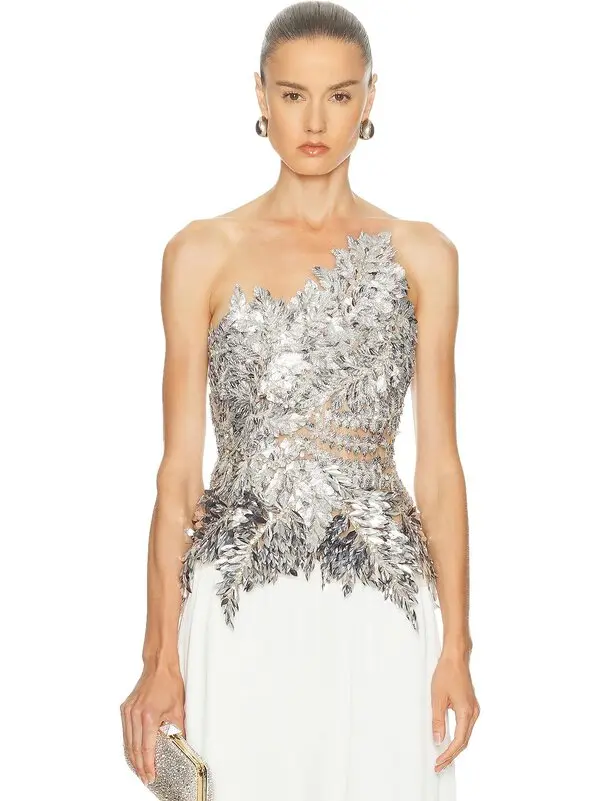 Oscar De La Renta Strapless Fern Embroidered Top - Silver