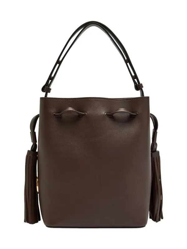 Valentino Garavani Drawstring Tassel-embellished Leather Shoulder Bag - Dark Brown