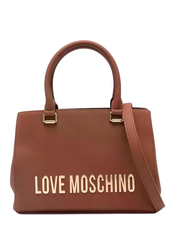 Moschino Tote Bag With Logo Plaque And Detachable Strap - Brown