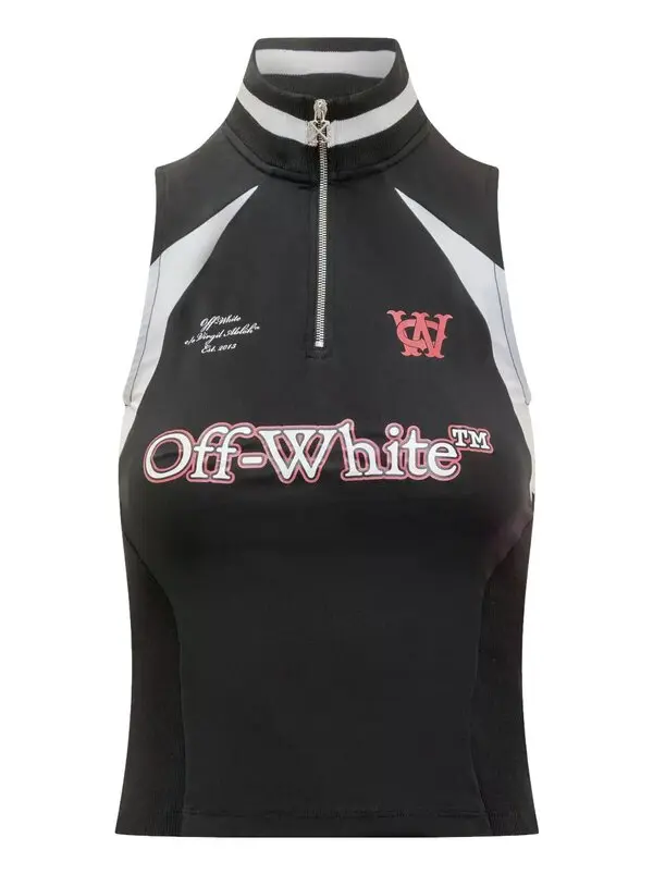 Off-White Sleeveless Zip Polo Top - Black