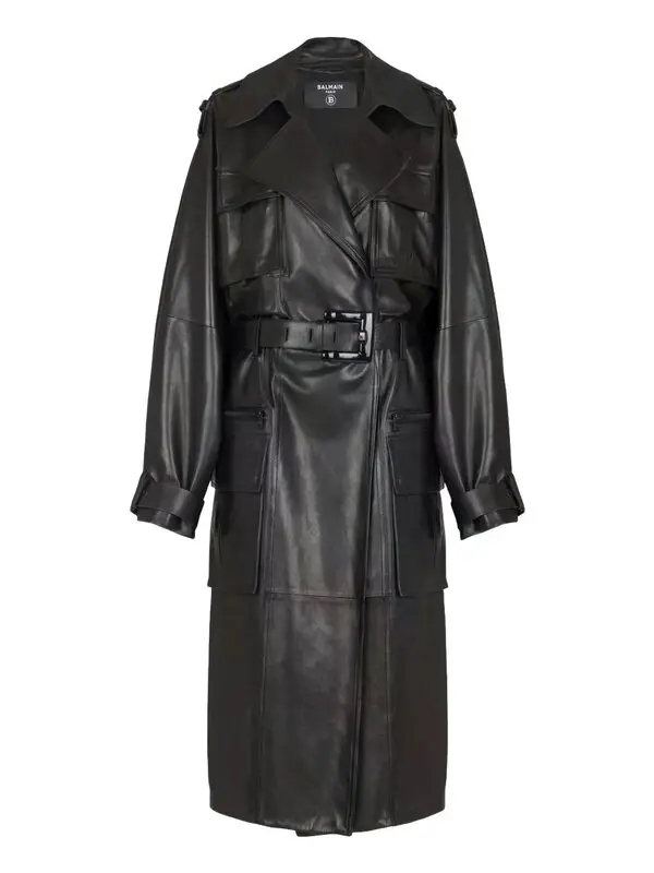 Balmain Belted Lambskin Trench Coat - Black