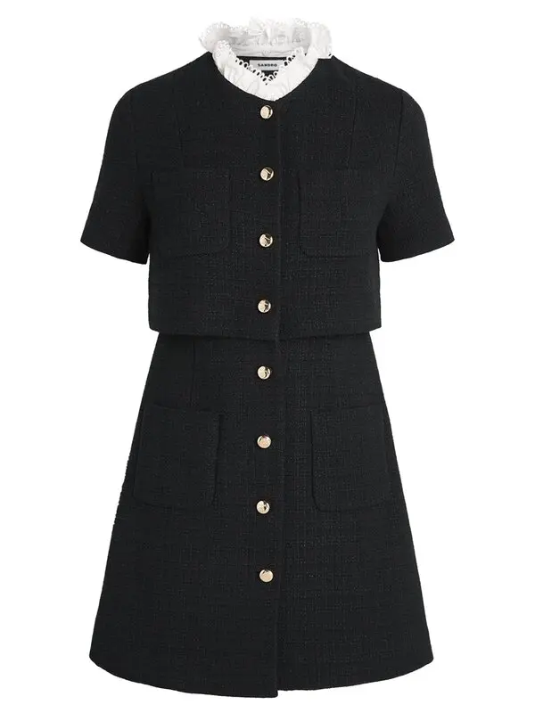 Sandro Tweed Mini Dress With Detachable Ruffle Collar - Black