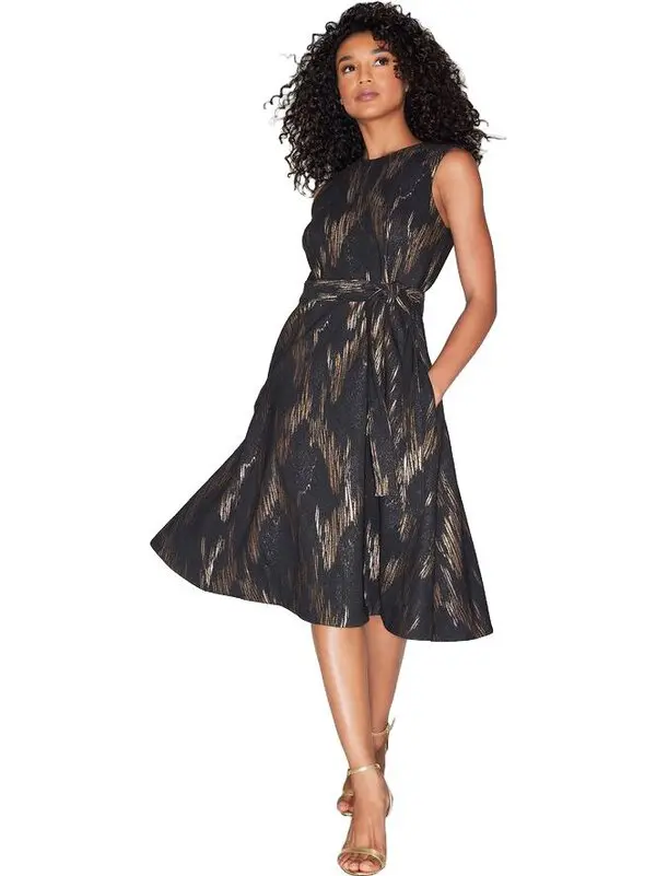 Natori Art Deco Jacquard Fit & Flare Tie Dress - Black