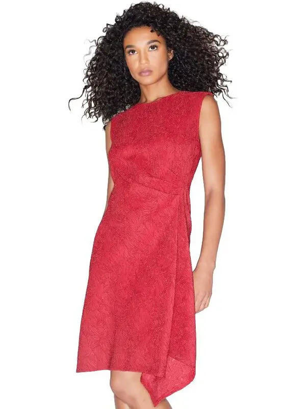 Natori Botanic Texture Jacquard Sleeveless Side Drape Dress - Red