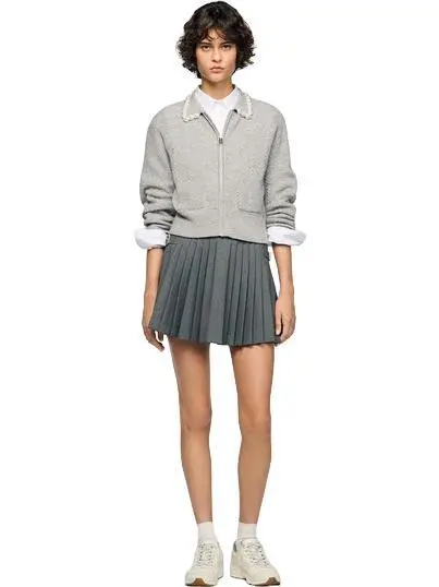Sandro Cable Knit Cardigan With Beaded Collar - Black / White / Pink / Gray