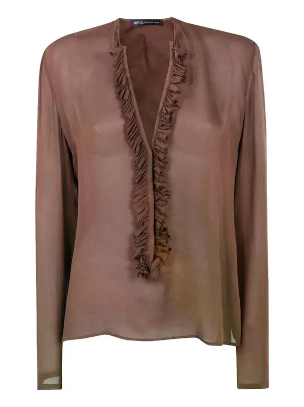 IBRIGU Silk Ruffled Blouse - Brown