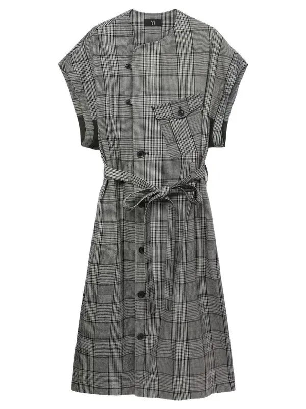 Y’s Checked Belted Midi Dress - Grey