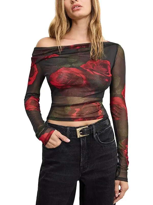Good American Mesh Ruched Asymmetric Top - Moody Red Roses