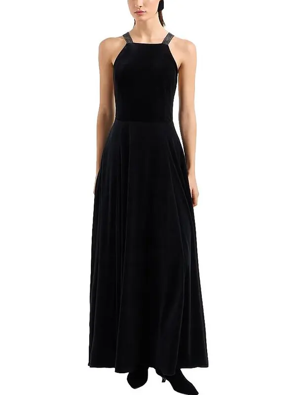 Emporio Armani Rhinestone Strappy Back Maxi Dress - Solid Black
