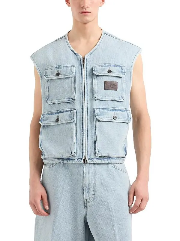 Emporio Armani Regular Fit Jacquard Denim Cargo Vest - Light Blue