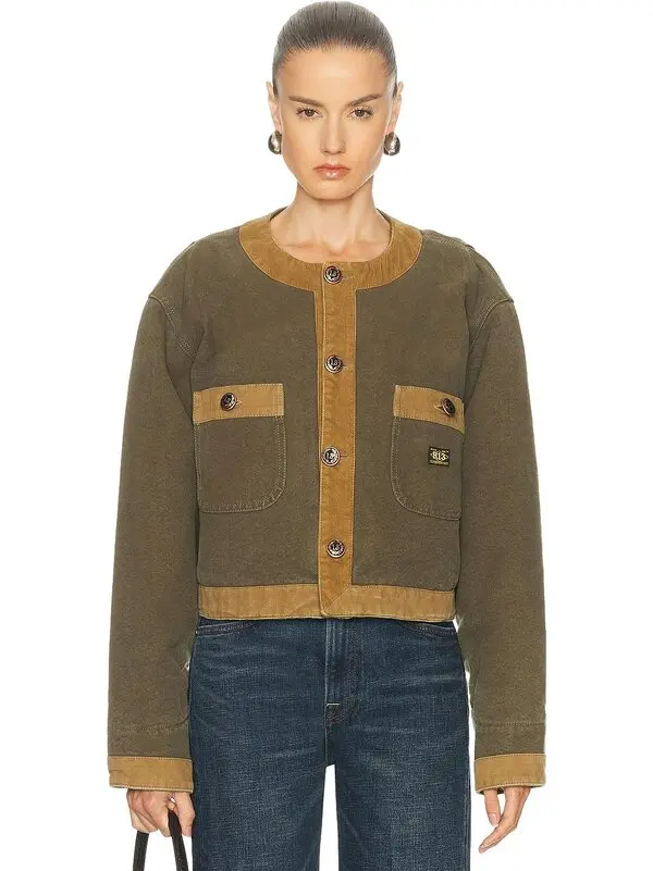 R13 Cord Trimmed Cropped Chore Jacket - Dusky Olive Canvas Green