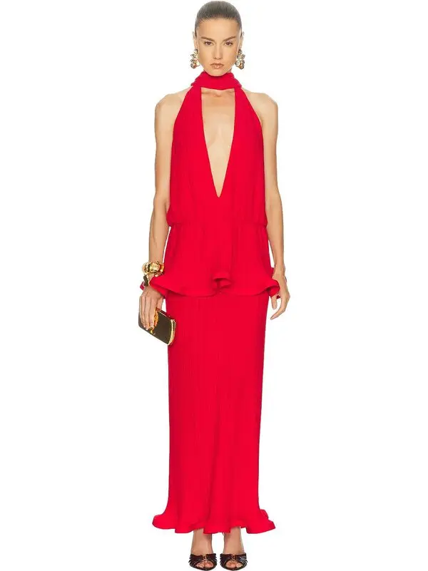 ROWEN ROSE Plunge Neck Long Dress - Red