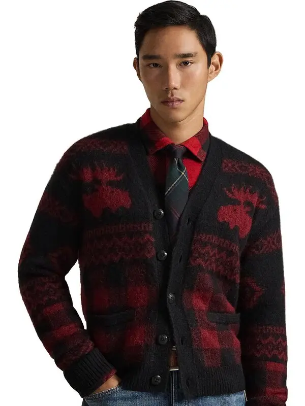 Ralph Lauren Buffalo Check Moose-graphic Cardigan - Black Red Combo
