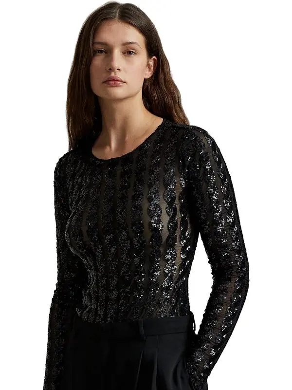 Ralph Lauren Cable-sequin Mesh Bodysuit - Polo Black