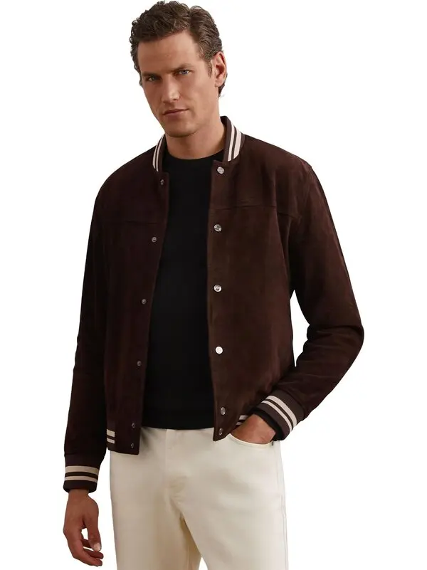 REISS Banridge Suede Bomber Jacket - Chocolate Brown