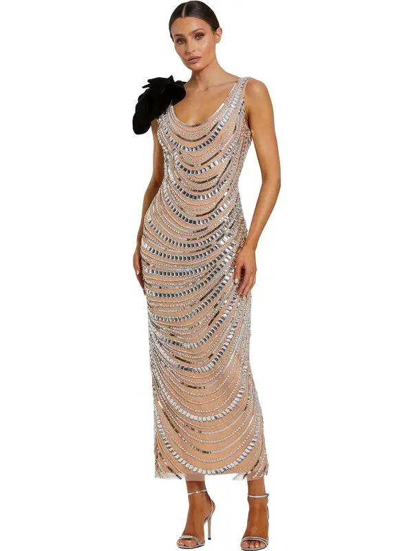 Mac Duggal Sequin Cowl Midi Dress With Velvet Flower - Silver Nude