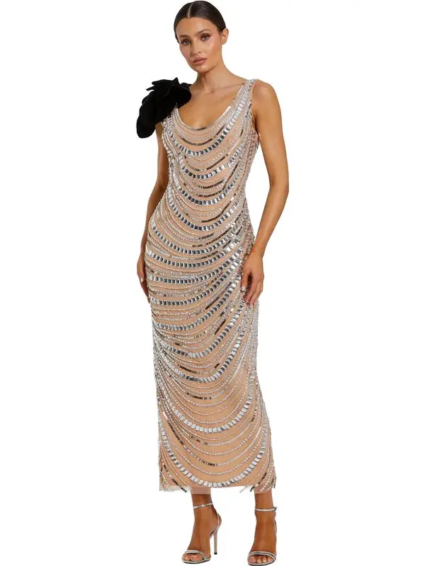 Mac Duggal Sequin Cowl Midi Dress With Velvet Flower - Silver Nude