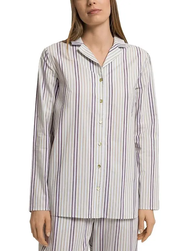 Hanro Long Sleeve Cotton Button-front Sleep Shirt - Beryl Stripe