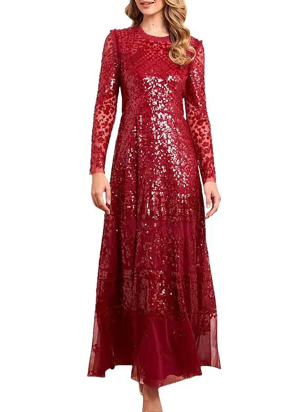 NEEDLE & THREAD Aurora Long Sleeve Gown - Cherry Red/ Deep Red