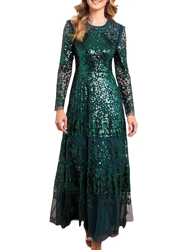 NEEDLE & THREAD Aurora Long Sleeve Gown - Emerald