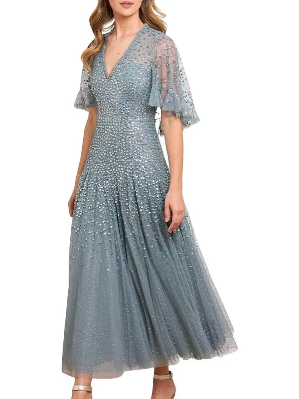 NEEDLE & THREAD Dappled Sequin Cape Ankle Gown - Thistle Blue