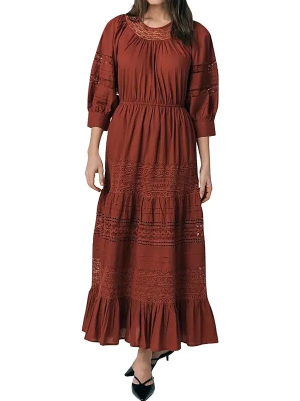 GHOST LONDON Leoni Lace Trim Cotton Midi Dress - Burgundy