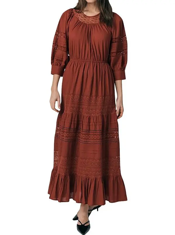 GHOST LONDON Leoni Lace Trim Cotton Midi Dress - Burgundy