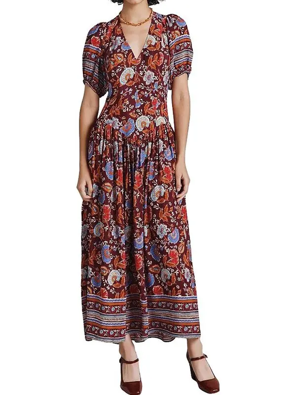 GHOST LONDON Christy Crepe Midi Tea Dress - Burgundy Floral