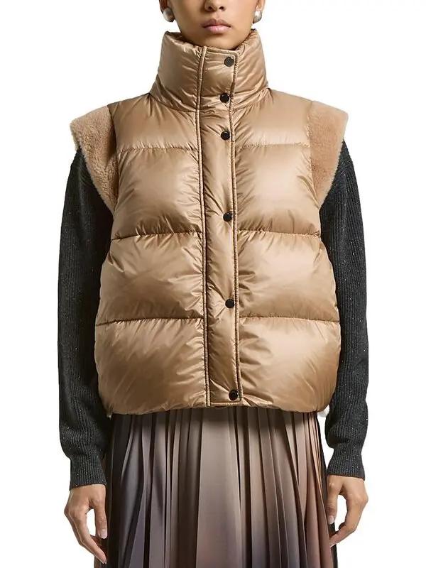 Peserico Shearling Trim Down Vest - Amber Beige