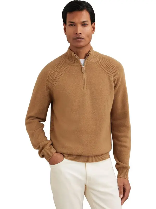 REISS Wool And Cashmere Half-zip Jumper - Camel