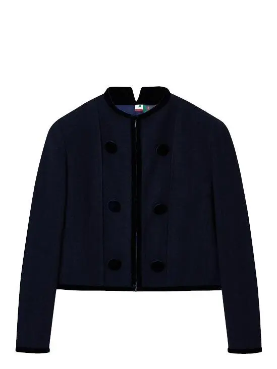 Emporio Armani Washed Wool Jacket With Velvet Trim - Blue / Navy