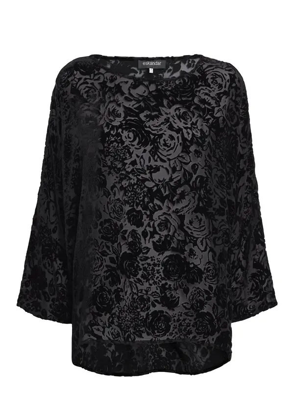 Eskandar Floral Boat-neck Blouse - Black