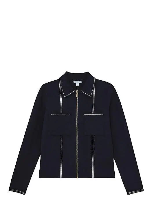 REISS Contrast-stitch Stretch-knit Cardigan - Navy