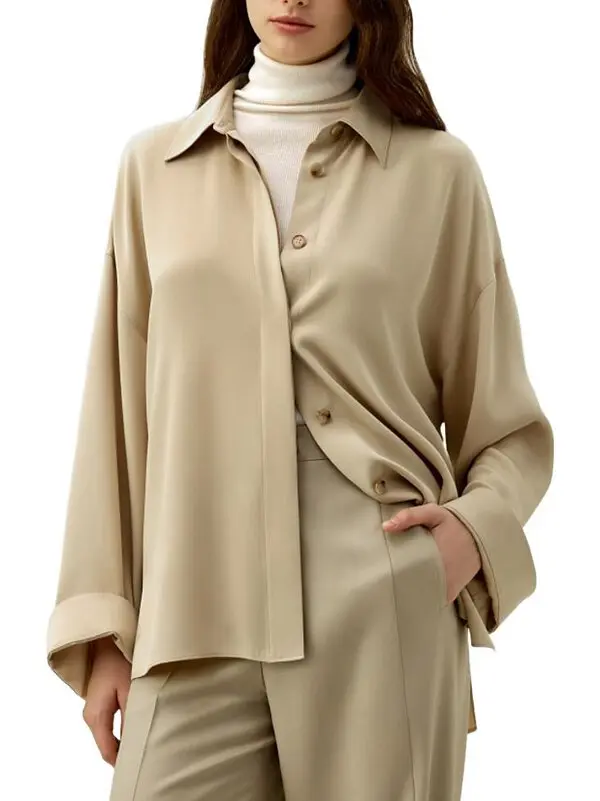 Lilysilk Relaxed Fit Draped Silk Shirt - Dune