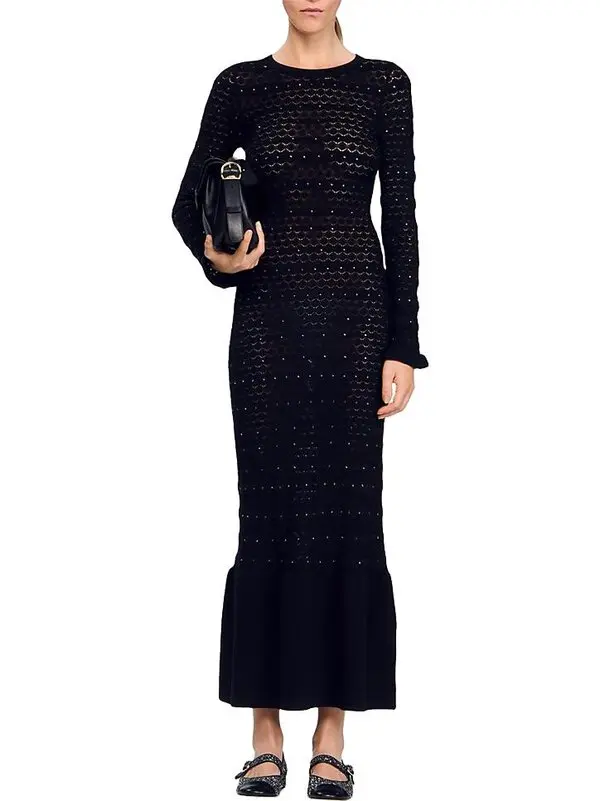 Sandro Rhinestone Knit Maxi Dress - Black