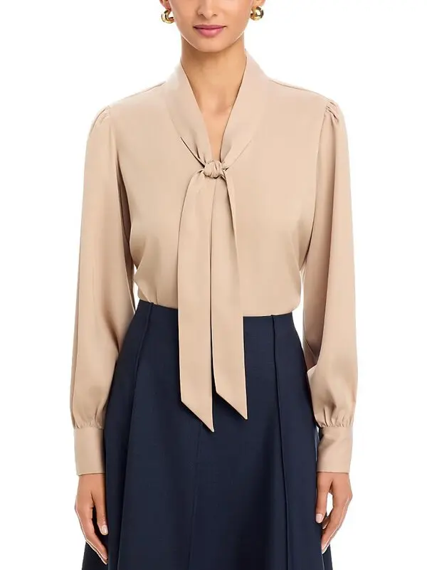 T Tahari Long Sleeve Bow Tie Neck Blouse - Almond