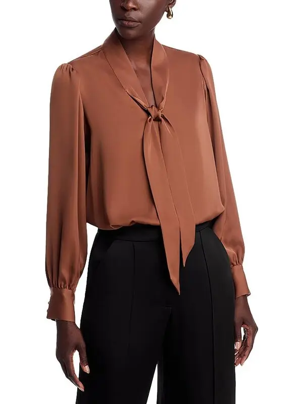 T Tahari Long Sleeve Bow Tie Neck Blouse - Sherwood Camel