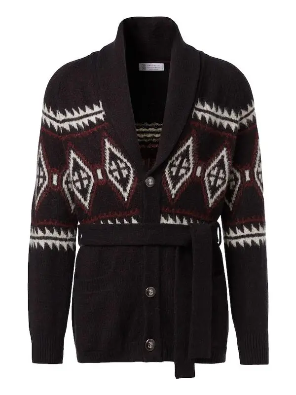 Brunello Cucinelli Jacquard Wool, Silk, And Cashmere Cardigan - Black
