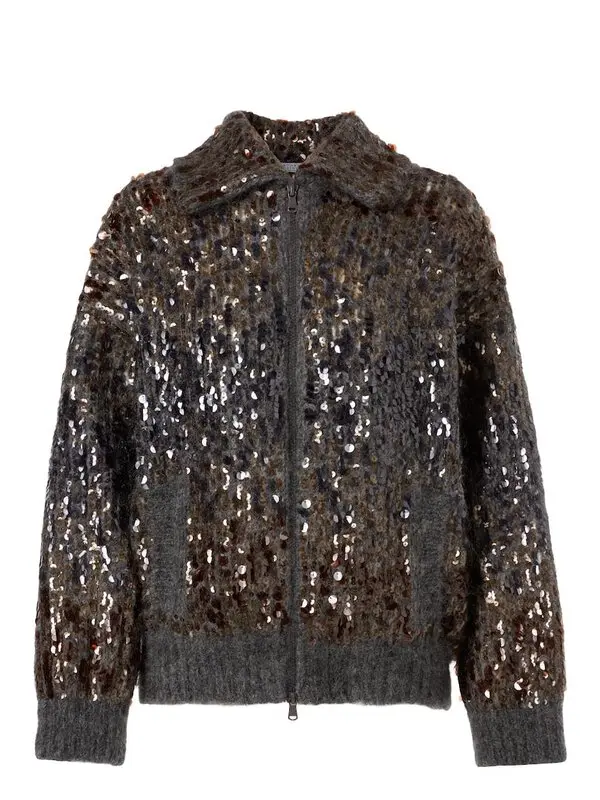 Brunello Cucinelli Sequined Mohair-blend Zip-up Sweater - Grey