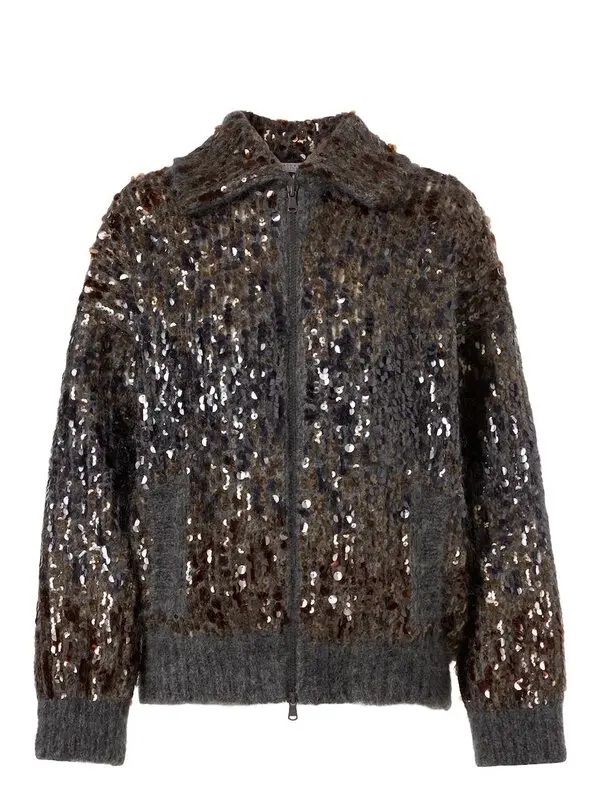 Brunello Cucinelli Sequined Mohair-blend Zip-up Sweater - Grey