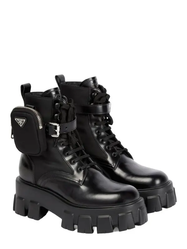 Prada Monolith Leather Ankle Boots - Black