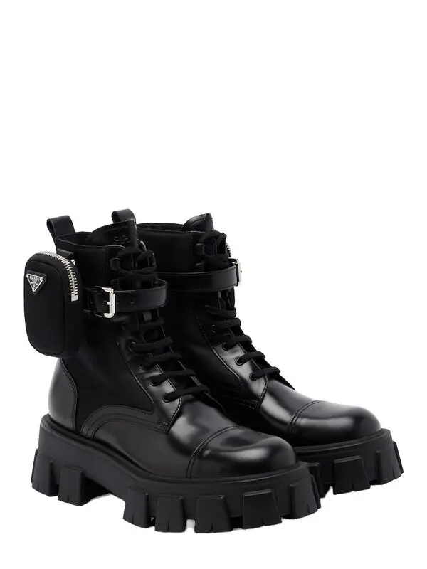 Prada Monolith Leather Ankle Boots - Black
