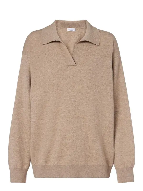 Brunello Cucinelli Monili Cashmere-blend Polo Sweater - Beige