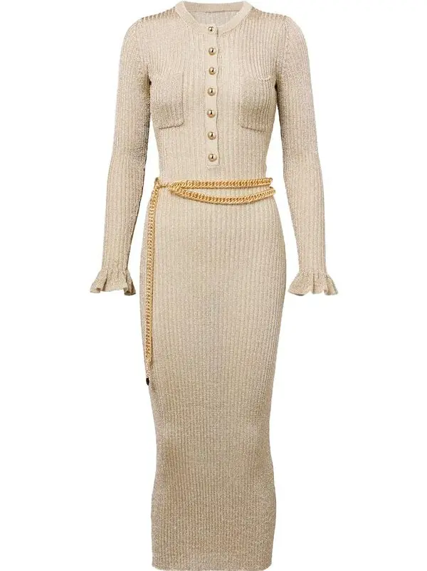 SELF-PORTRAIT Ribbed-knit Lame Midi Dress - Gold