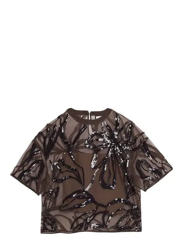 Brunello Cucinelli Sequined Floral Silk Chiffon Blouse - Brown